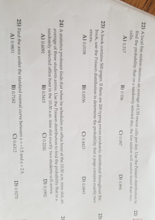 Solved 22) A local fire station receives an average of 0.55 | Chegg.com