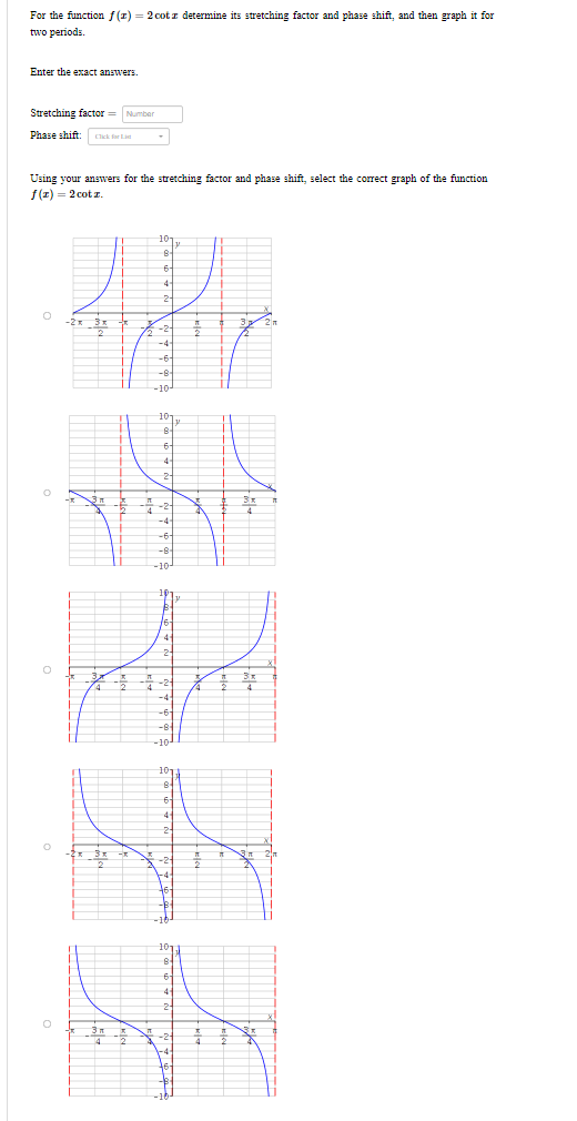 Solved For the function f(x)=2cotx determine its gtretching | Chegg.com