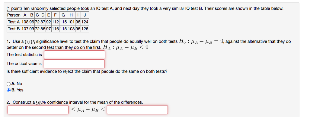 Solved (1 point) Ten randomly selected people took an IQ | Chegg.com