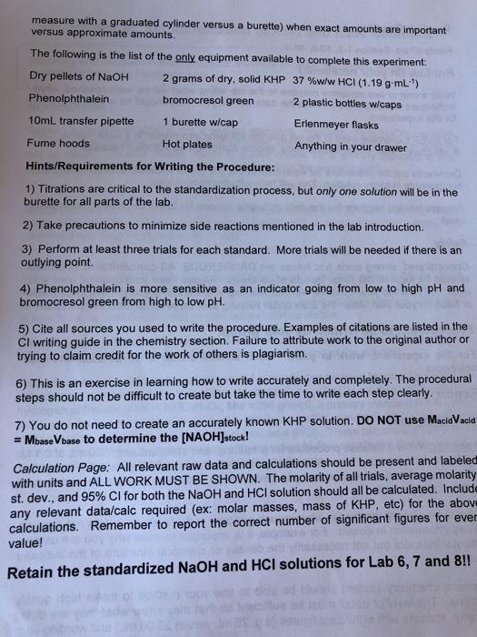 Experiment 5: Standardization of Acid and Base | Chegg.com