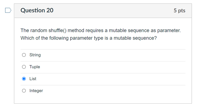 Solved Question 20 5 pts The random shuffle() method | Chegg.com