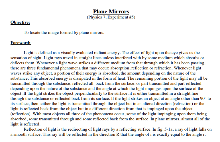 Solved Plane Mirrors (Physics 7, Experiment #5) Objective: | Chegg.com