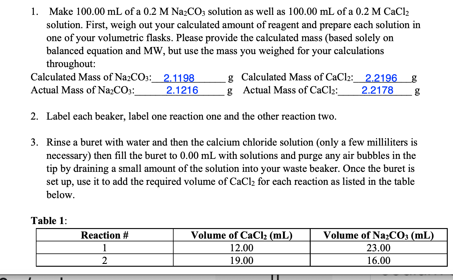 Solved 1. Make 100.00 mL of a 0.2 M Na2CO3 solution as well | Chegg.com
