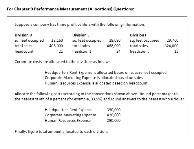 Solved For Chapter 9 Performance Measurement (Allocations) | Chegg.com