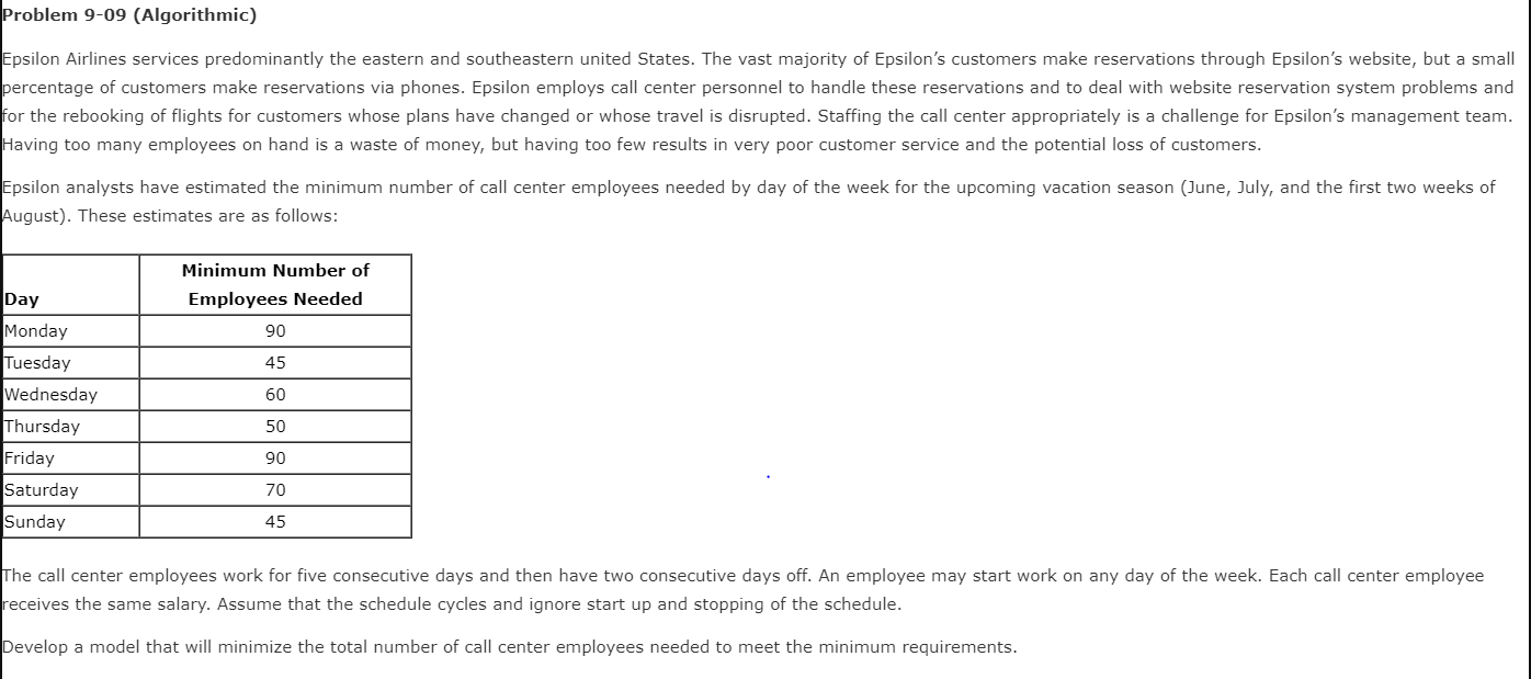 Solved Problem 9-09 (Algorithmic) Epsilon Airlines services | Chegg.com