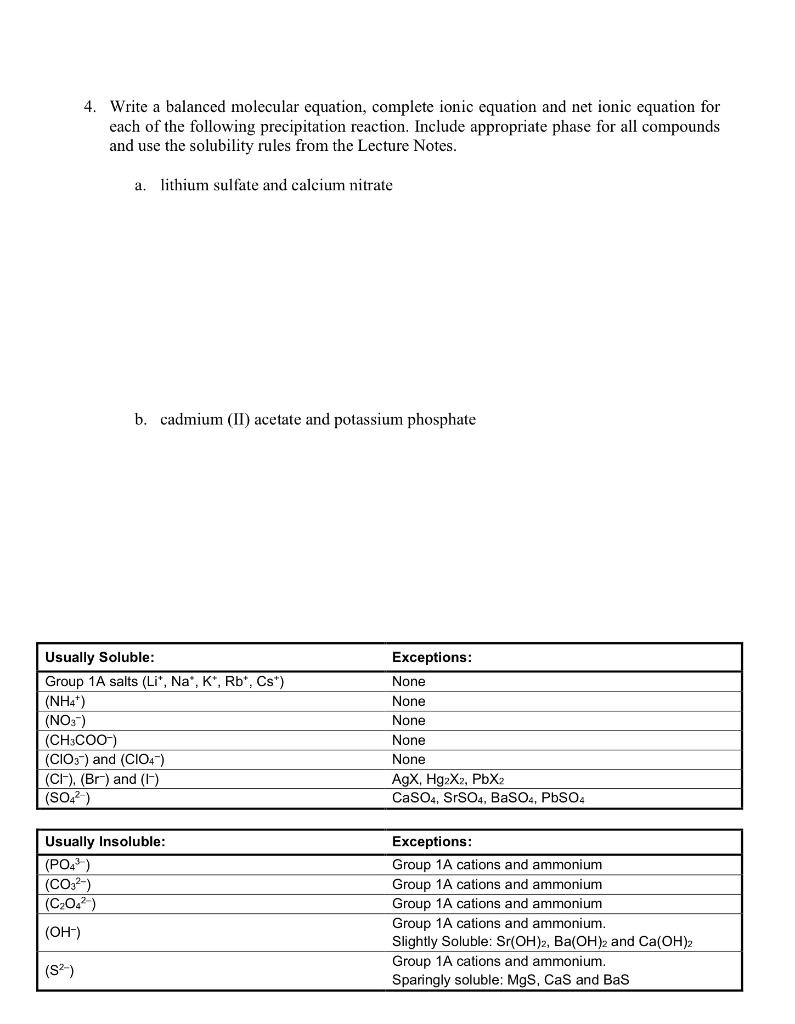 Solved 4. Write a balanced molecular equation, complete | Chegg.com