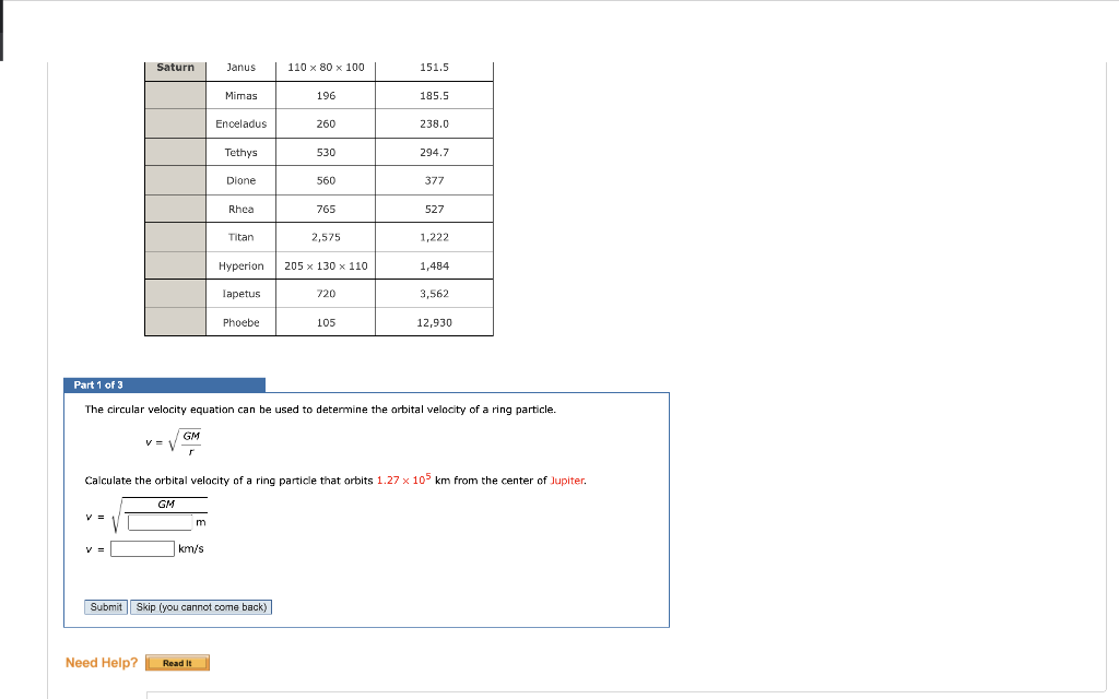 Solved Calculate the orbital velocity (in km/s) of a ring | Chegg.com