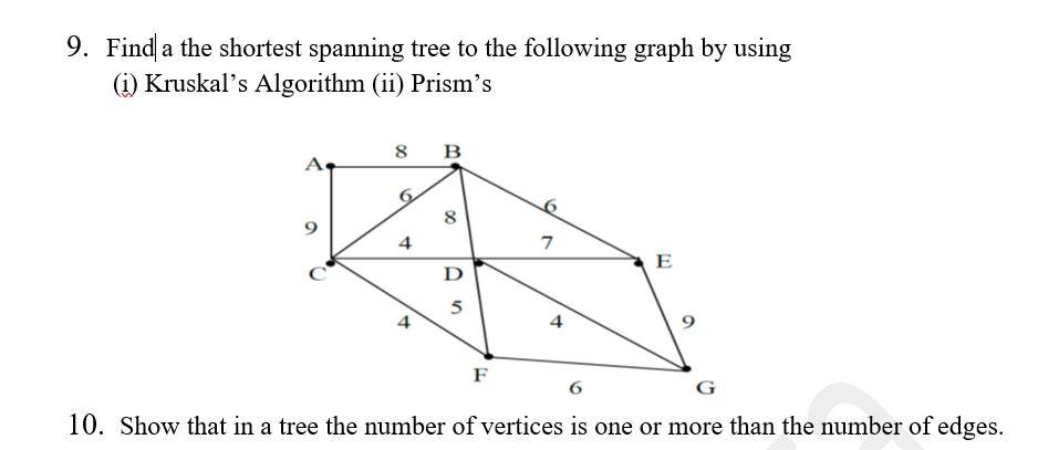Solved 9. Find a the shortest spanning tree to the following | Chegg.com