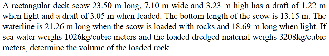 Solved A rectangular deck scow 23.50 m long, 7.10 m wide and | Chegg.com