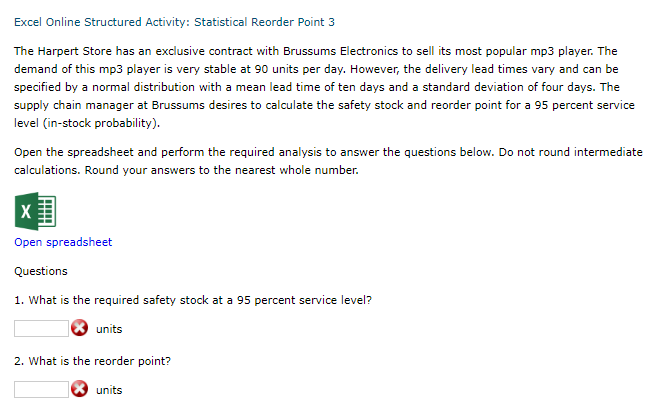 Solved Excel Online Structured Activity: Statistical Reorder | Chegg.com