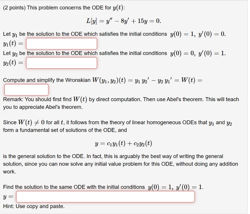 Solved (2 points) This problem concerns the ODE for y(t) | Chegg.com