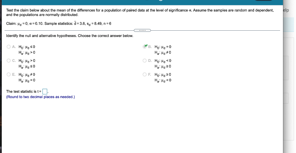 Solved elp Test the claim below about the mean of the | Chegg.com