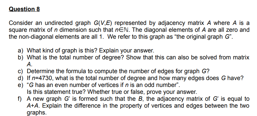 Solved Consider an undirected graph G(V,E) represented by | Chegg.com