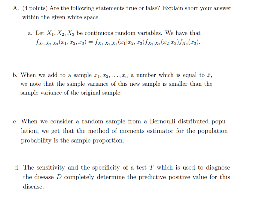 Solved A. (4 points) Are the following statements true or | Chegg.com