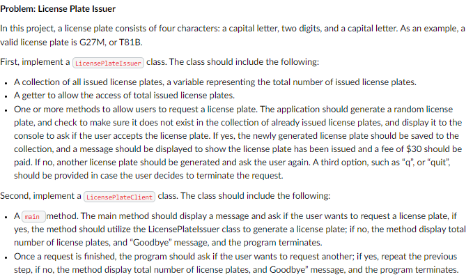 Solved Problem: License Plate Issuer In this project, a | Chegg.com
