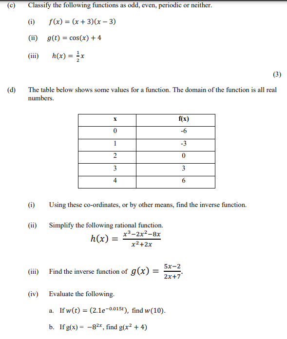 Solved (i) f(x)=(x+3)(x−3) (ii) g(t)=cos(x)+4 (iii) h(x)=21x | Chegg.com