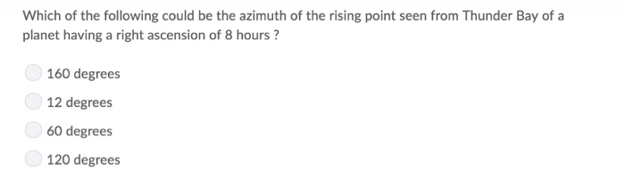 Solved Which of the following could be the azimuth of the | Chegg.com