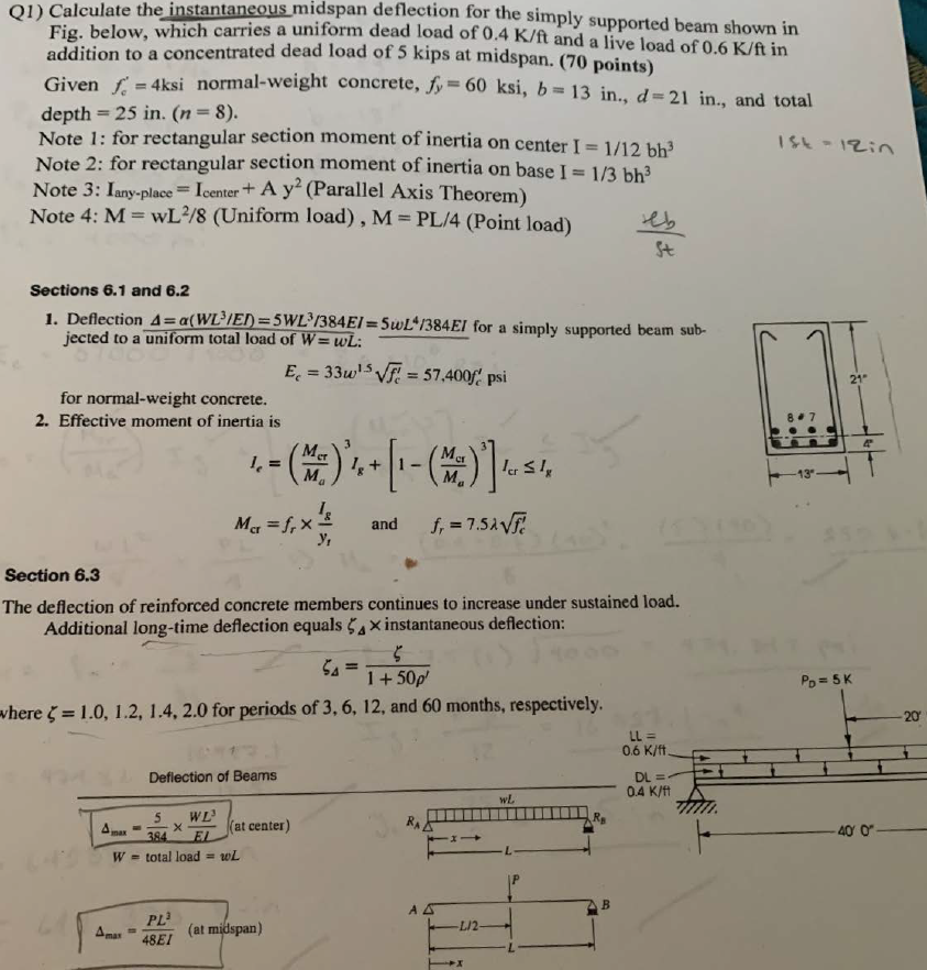 Solved Q1) Calculate the instantaneous midspan deflection | Chegg.com