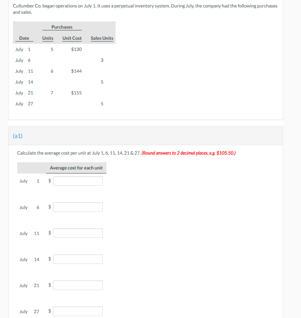 Solved Cullumber Co. began operations on July 1 . It uses a | Chegg.com