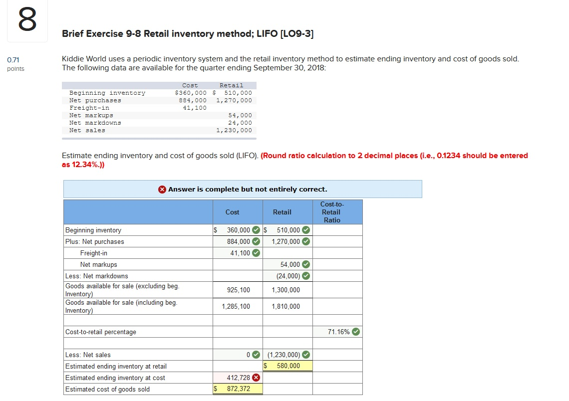Solved Brief Exercise 9-8 Retail inventory method; LIFO | Chegg.com