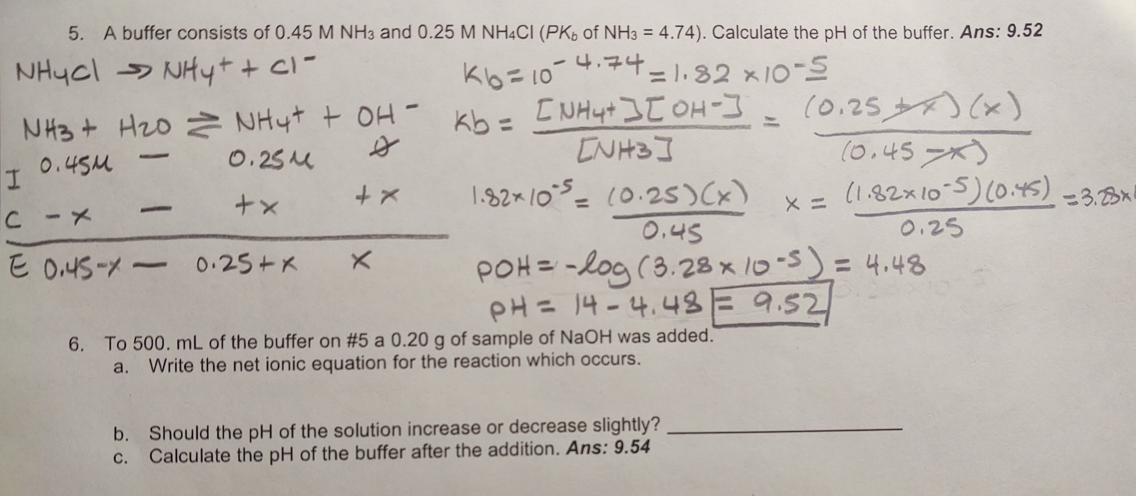 Solved 5. A buffer consists of 0.45MNH3 and 0.25MNH4Cl(PKb | Chegg.com