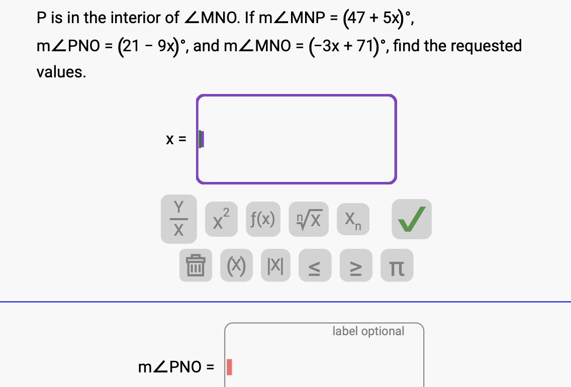 Solved P is in the interior of ∠MNO. If m∠MNP=(47+5x)∘, | Chegg.com