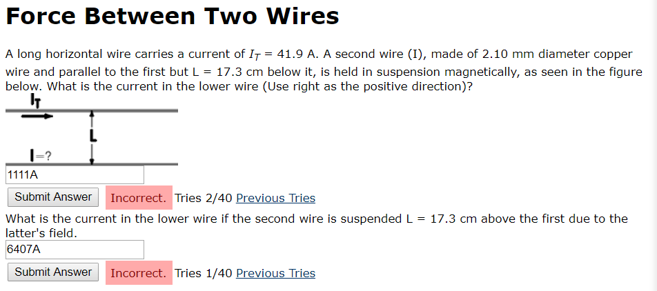 Solved Force Between Two Wires A long horizontal wire | Chegg.com