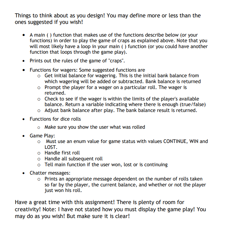 Solved Programming Assignment: A Game of Chance "Craps" The | Chegg.com