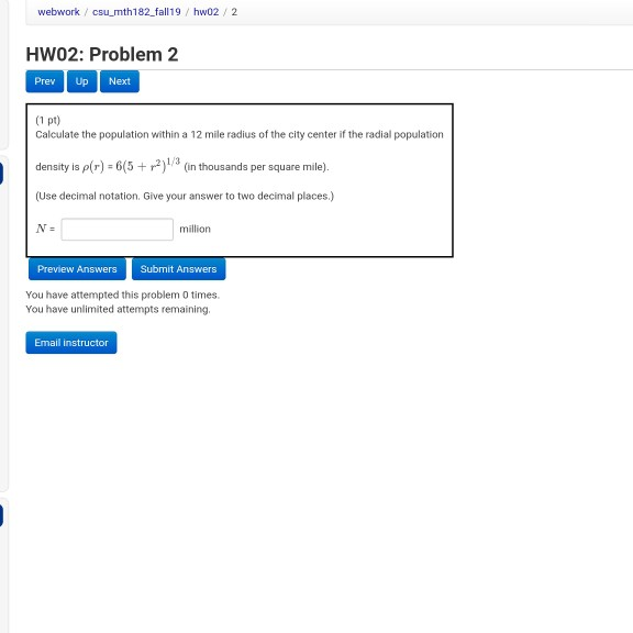 Solved webwork/csu_mth182_fall19/hw02 / 2 HW02: Problem 2 | Chegg.com