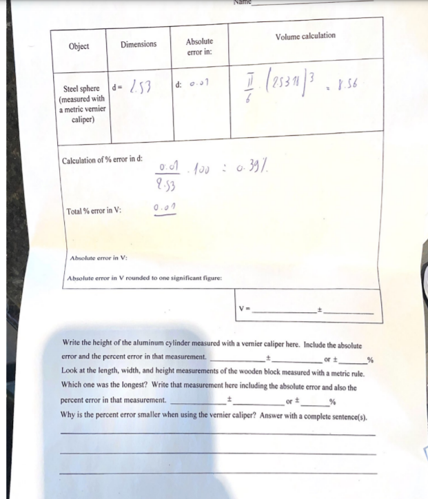 Solved Name Volume calculation Object Dimensions Absolute | Chegg.com