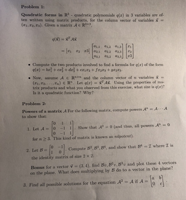 Solved Problem 1: Quadratic forms in R3- quadratic | Chegg.com
