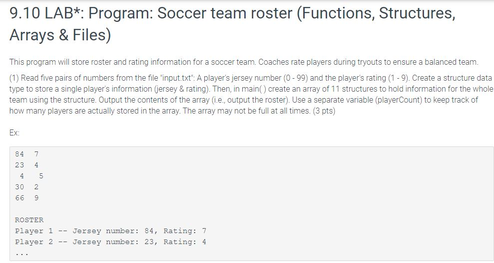 9.10 LAB*: Program: Soccer team roster (Functions, | Chegg.com