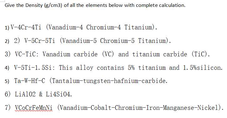 Solved Give the density (g/cm3) ﻿of all the chemical | Chegg.com