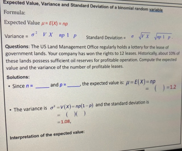 Solved Formula: Expected Value μ=E(X)=np Variance =σ2VXnp1p | Chegg.com