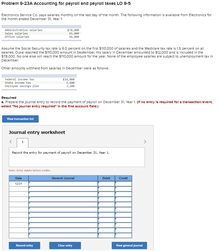 Solved Problem 9-23A Accounting for payroll and payroll | Chegg.com