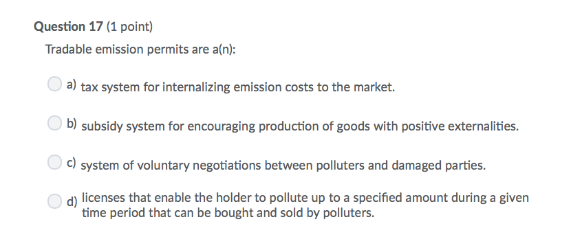 Solved Question 17 (1 point) Tradable emission permits are | Chegg.com
