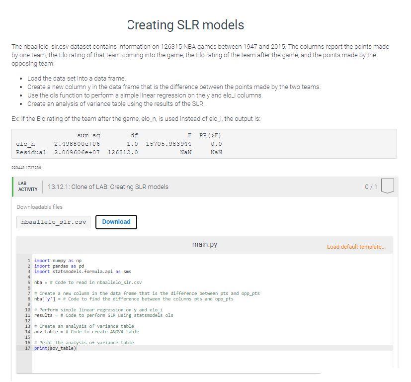 Solved Creating SLR models The nbaallelo_sir.csv dataset | Chegg.com