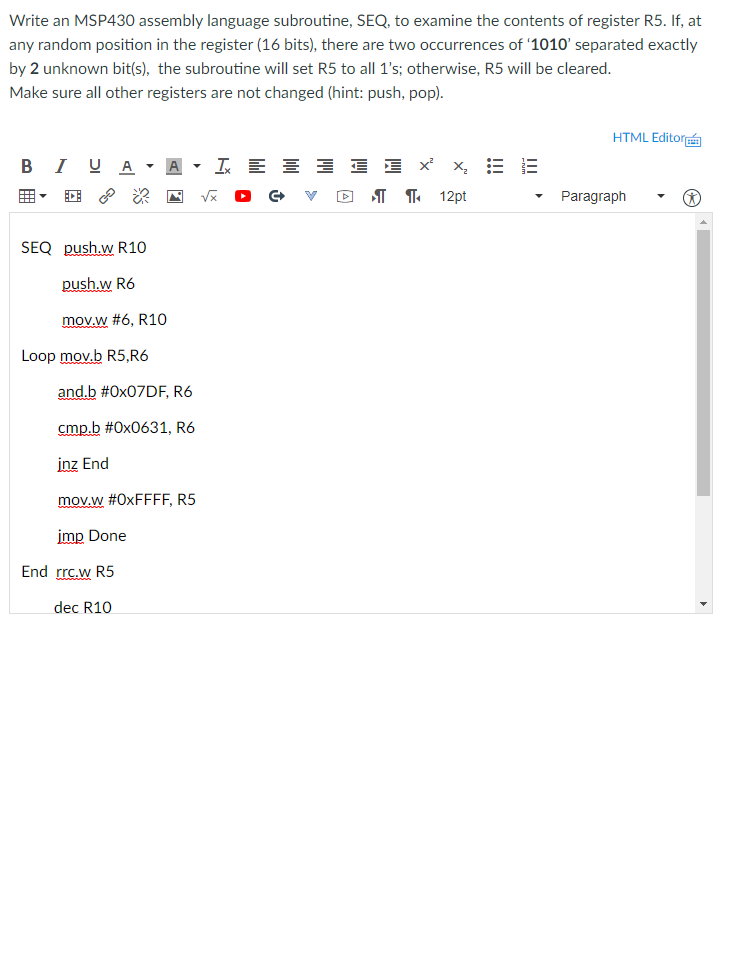 Solved Write An Msp430 Assembly Language Subroutine Seq To