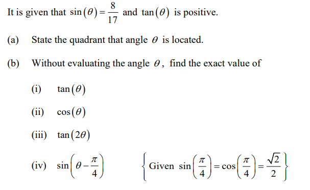 Solved It is given that \\( \\sin (\\theta)=\\frac{8}{17} | Chegg.com