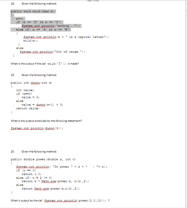 Solved eak 18. . Given the following method: public void | Chegg.com