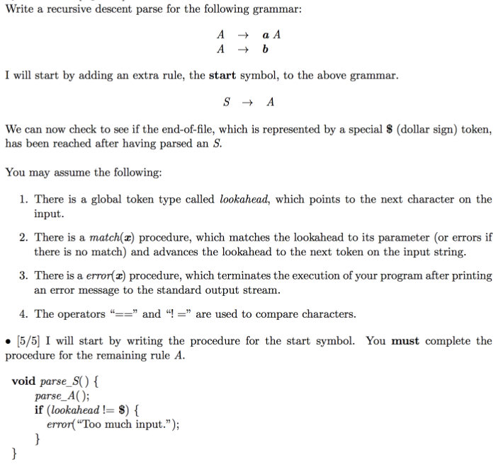 Write a recursive descent parse for the following | Chegg.com