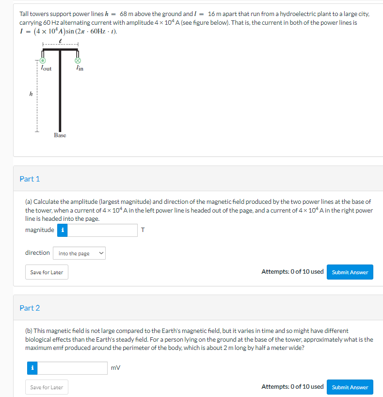 Solved Tall towers support power lines h=68 m above the | Chegg.com