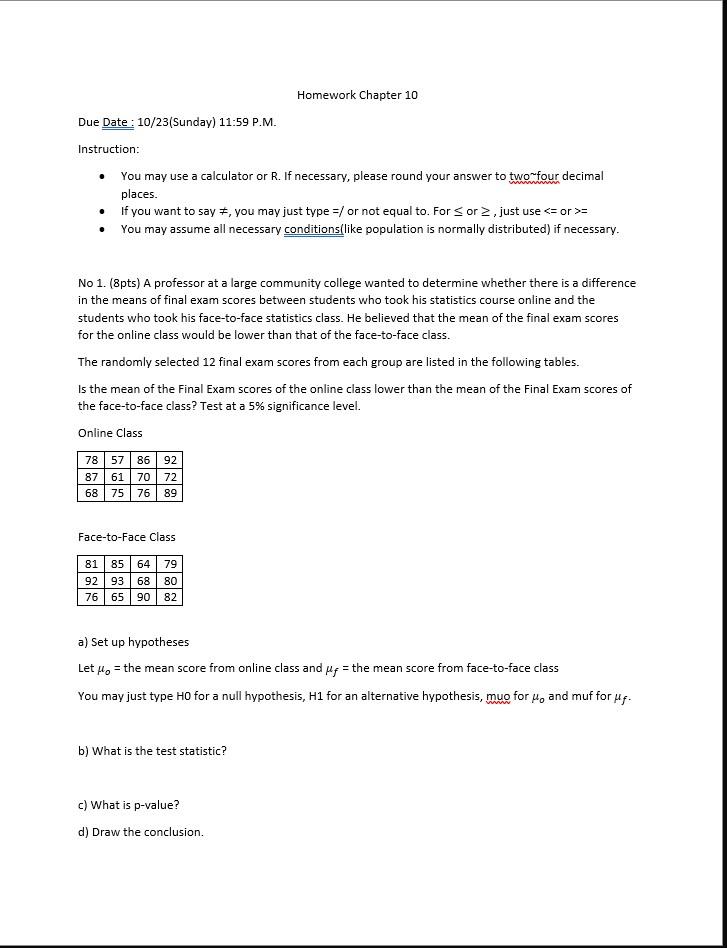 Homework Chapter 10 Due Date : 10/23(Sunday) 11:59 | Chegg.com