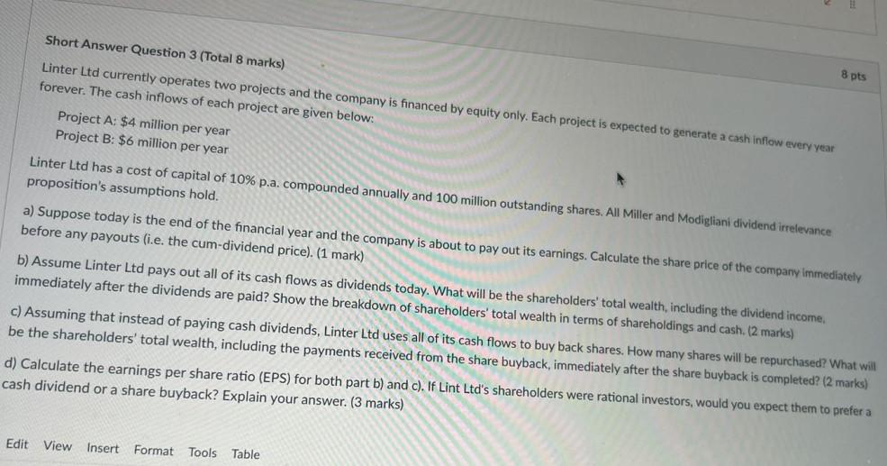 Solved Short Answer Question 3 (Total 8 marks) Linter Ltd | Chegg.com