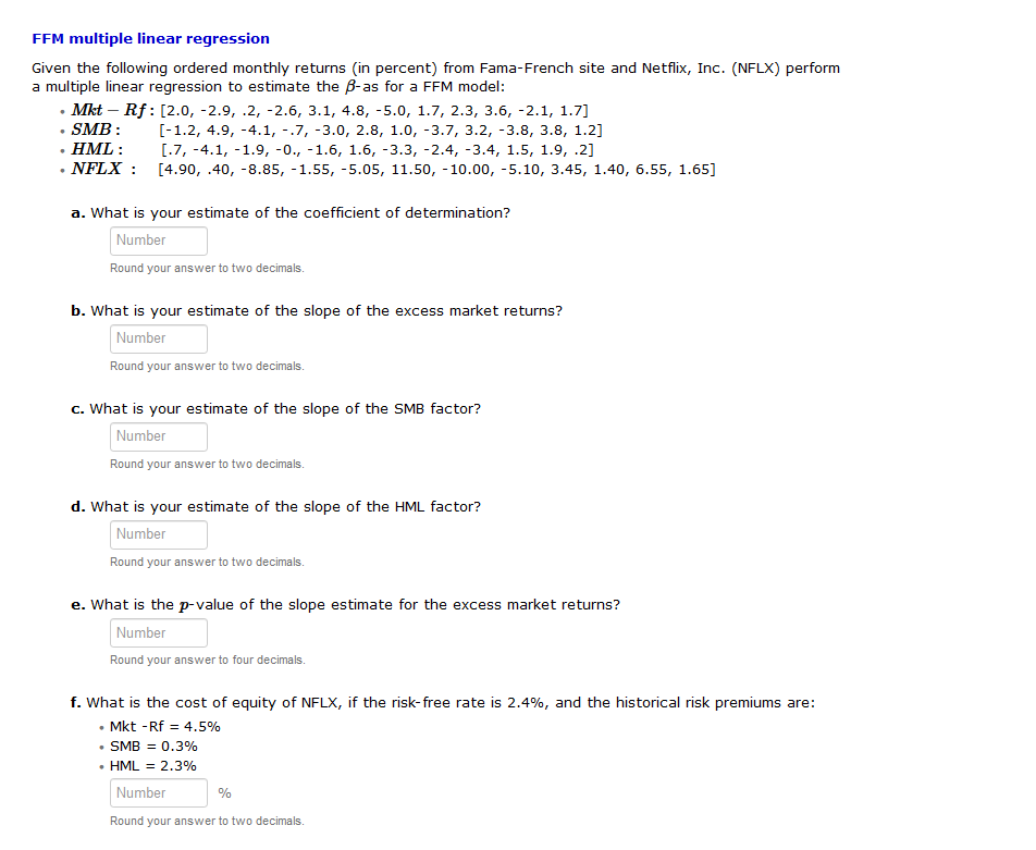 Solved FFM multiple linear regression Given the following | Chegg.com
