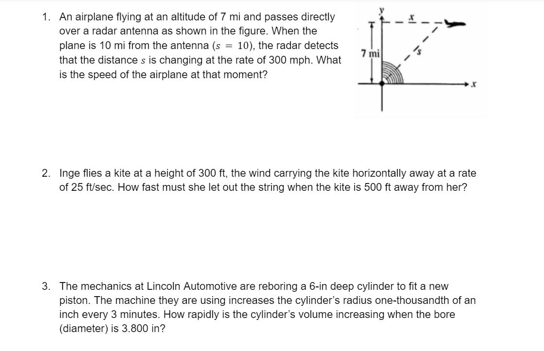 Solved 1. An airplane flying at an altitude of 7 mi and | Chegg.com