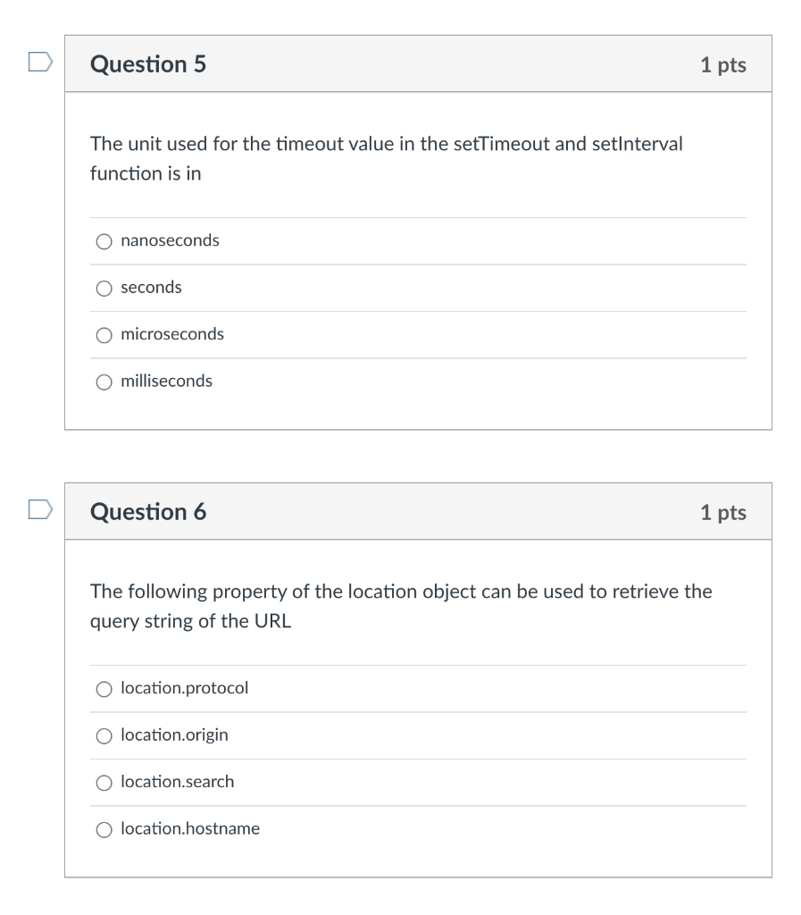 Solved The unit used for the timeout value in the setTimeout | Chegg.com