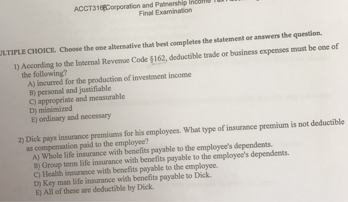 Solved According to the Internal Revenue Code section 162, | Chegg.com