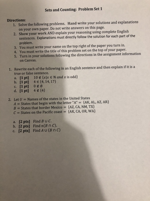 Solved Sets and Counting: Problem Set 1 Directions: on your | Chegg.com