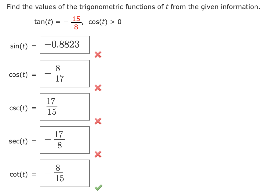 Solved Find the values of the trigonometric functions of t | Chegg.com